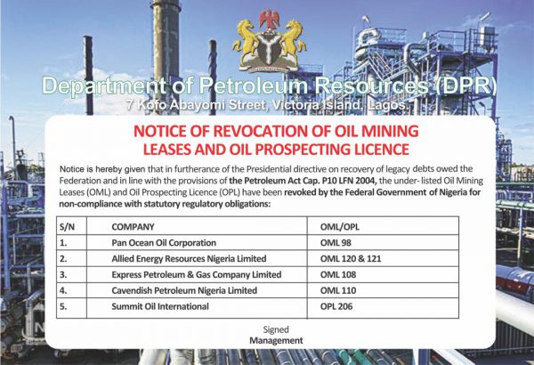 Notice of Revocation of Oil Mining Leases & Oil Prospecting Licence ...