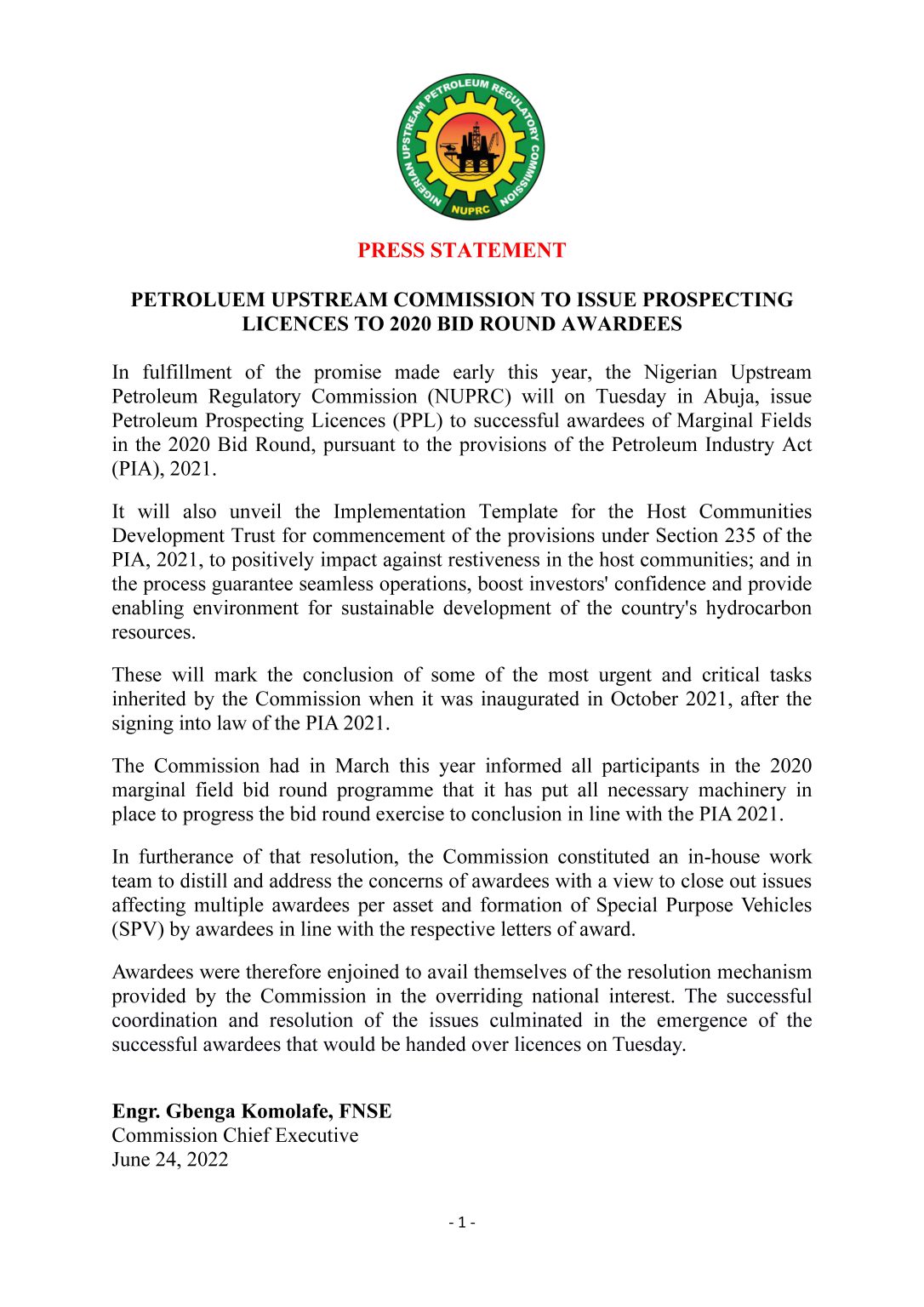 Press Statement – Nigerian Upstream Petroleum Regulatory Commission